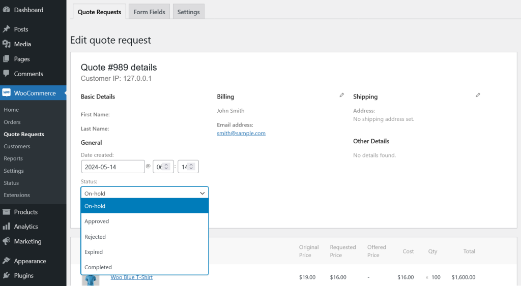 Backend Demo – Quote Request for WooCommerce
